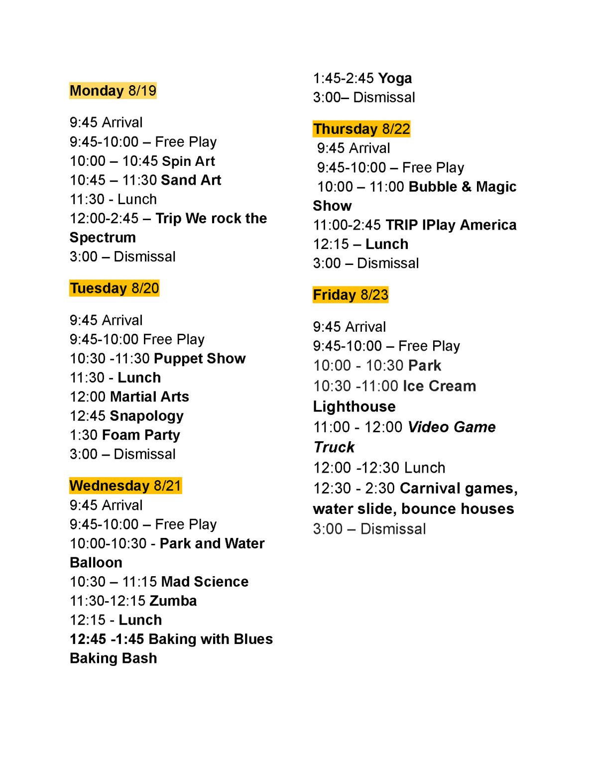 Hand in Hand Camp Schedule 2024